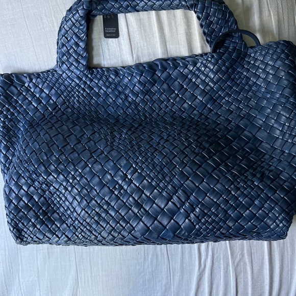 Falor | Bags | Falor Italy Leather Woven Tote With Pouch Navy Blue ...